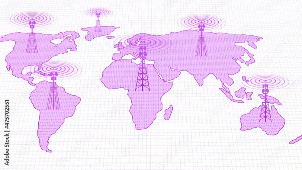 Purple color network tower wave signal animated on world map white ...