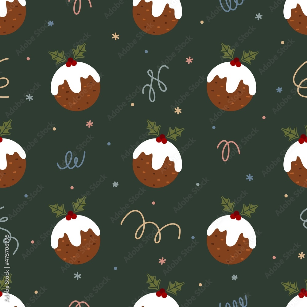 Seamless vector pattern with cute Christmas pudding and confetti ...