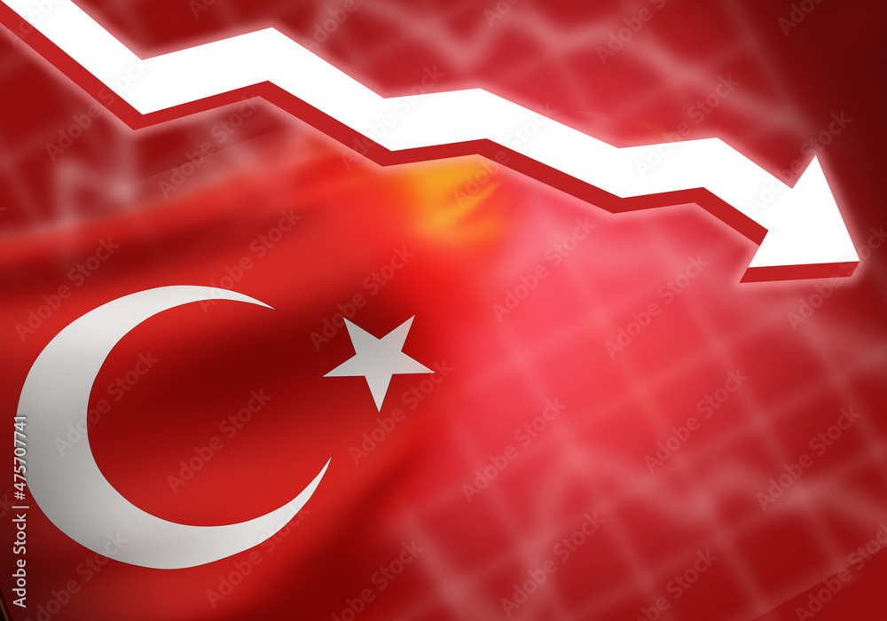 Decrease in Turkish currency. Turkey flag and falling arrow. Turkish ...