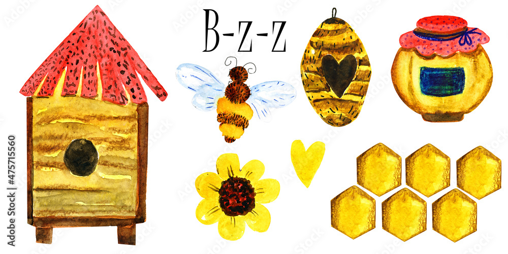 watercolor set the use of honey bees and beehives for packaging design ...