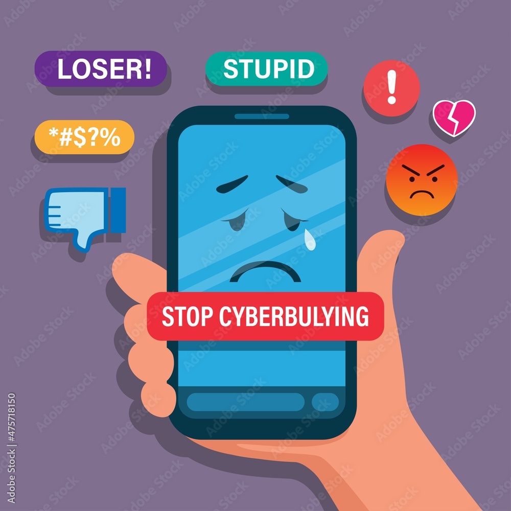 Stop Cyberbullying. Hand holding smartphone with bad emoticon cartoon ... Stop Cyberbullying. Hand holding smartphone with bad emoticon cartoon ...
