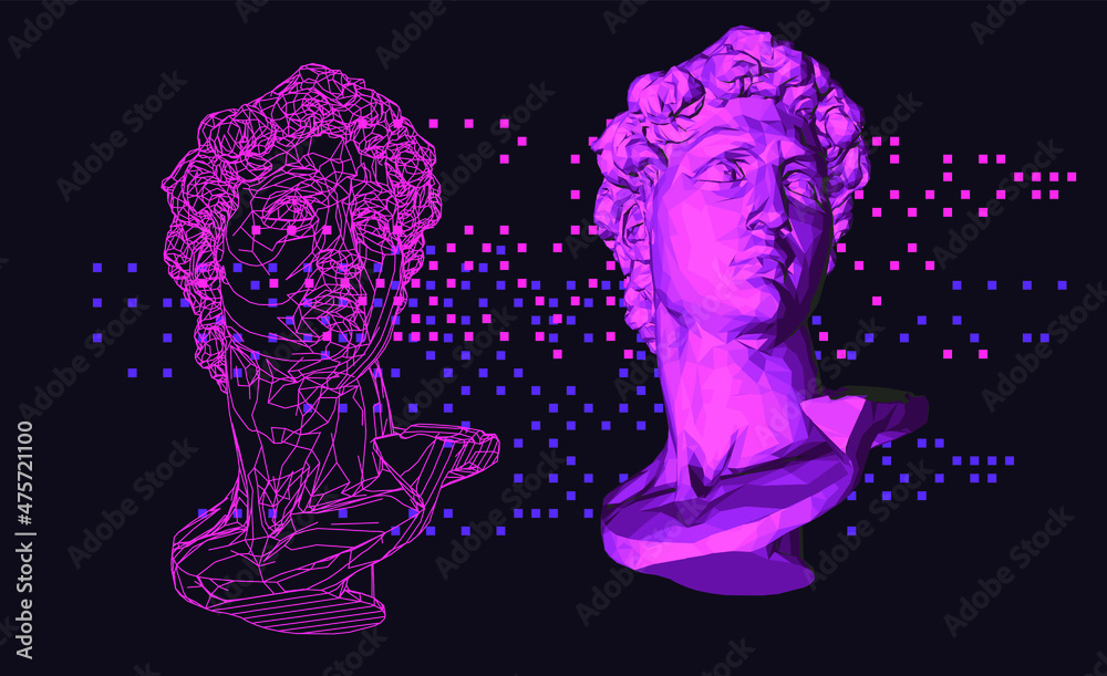 Retrofuturistic style 3D illustration of a low poly bust on dark ...