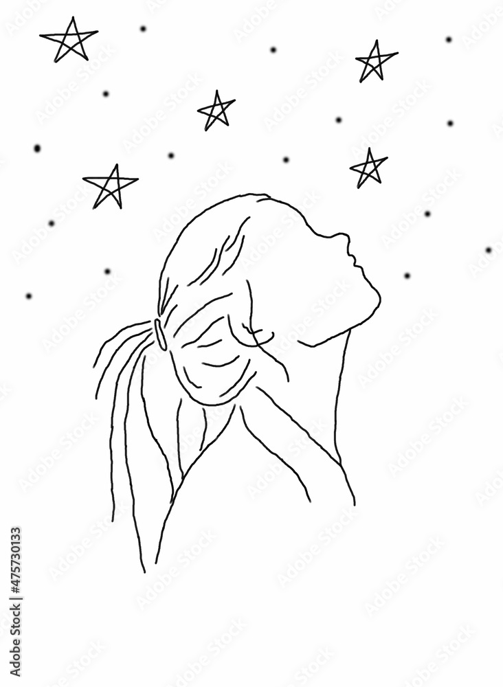 Line art illustration of woman watching at stars in the sky ...