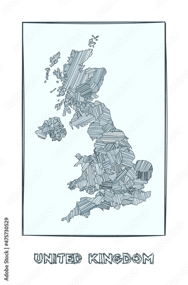 Sketch map of United Kingdom. Grayscale hand drawn map of the country ...