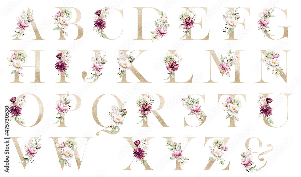 Letters set, gold floral alphabet with watercolor flowers peonies and ...