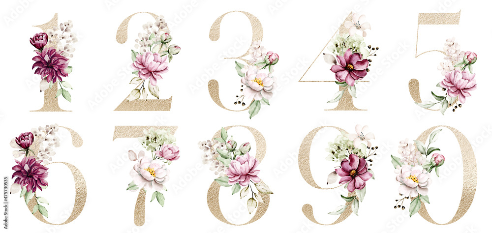 Gold numbers set with watercolor flowers peonies and leaf. Perfectly ...