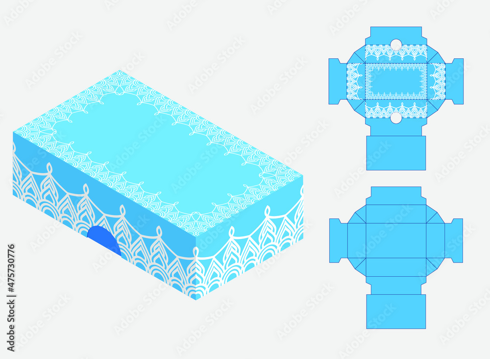 Box template with white ethnic design. Abstract blue coloured box with ...
