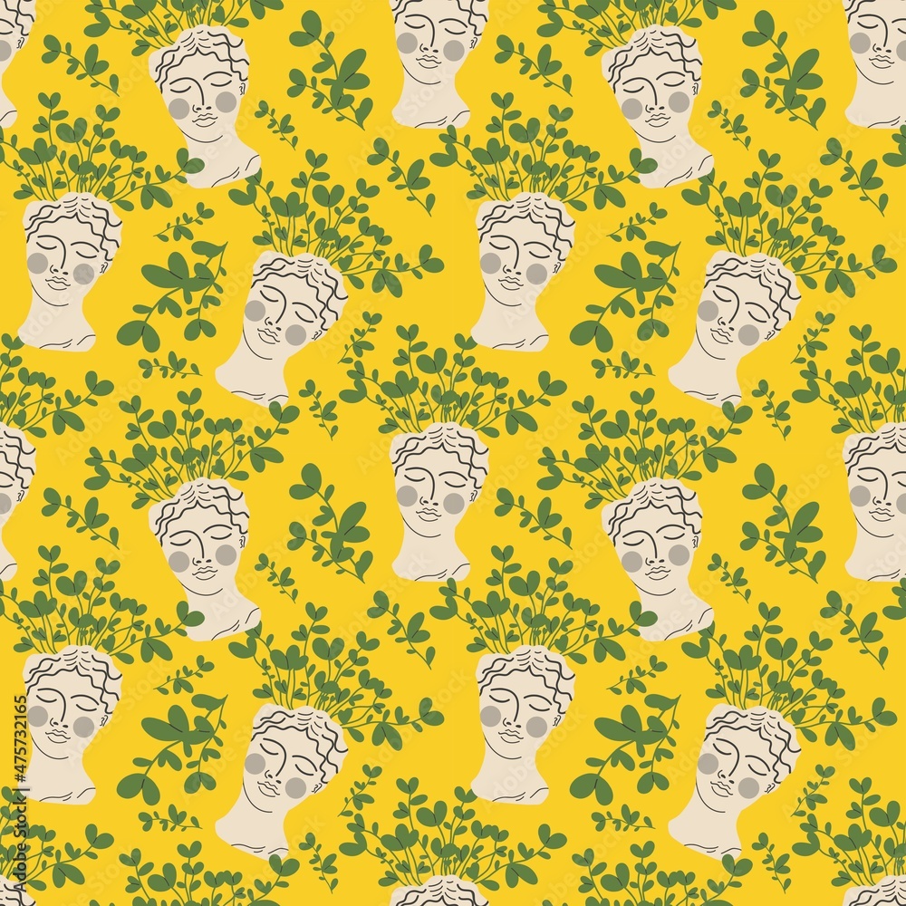 Planters in the Greek style. The head of a goddess with a green plant ...