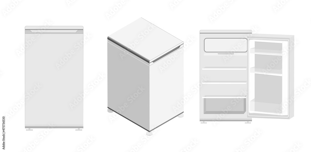 White mini realistic fridge refrigerator in three views on a white ...