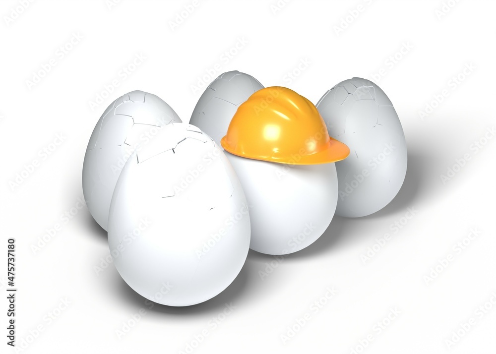 3d render illustration egg wearing construction helmet and cracked egg ...