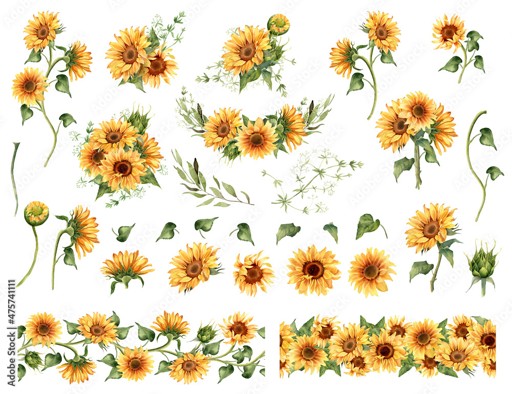 Sunflower clipart. Watercolor floral illustration. Yellow flowers for ...