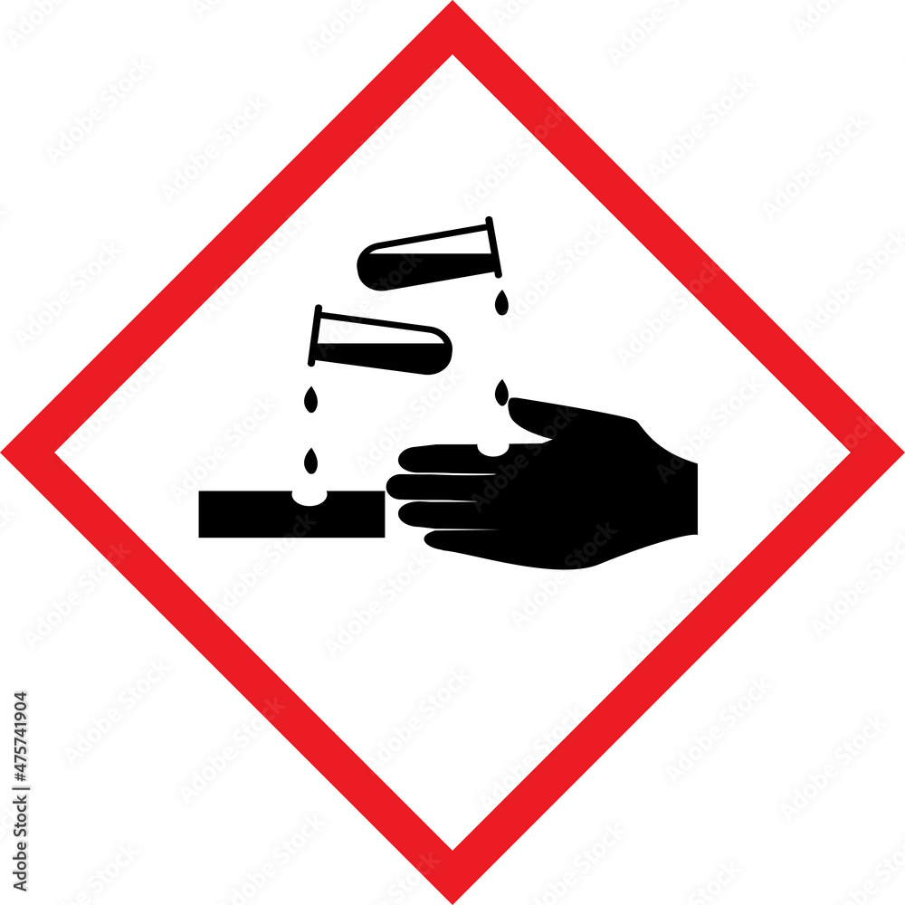 Corrosive symbol .Diamond shape red border and white background. Safety ...
