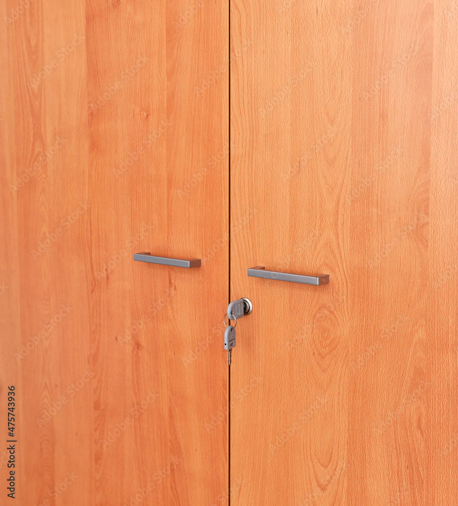 Detail of a closed filing cabinet laminated in imitation beech wood ...