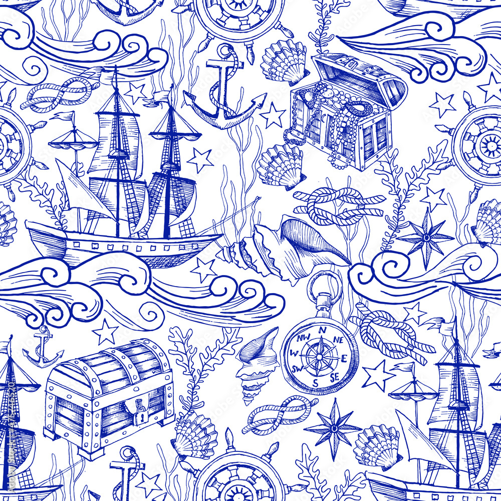 Seamless vector pattern with hand drawn sketches of the ship, ruder ...