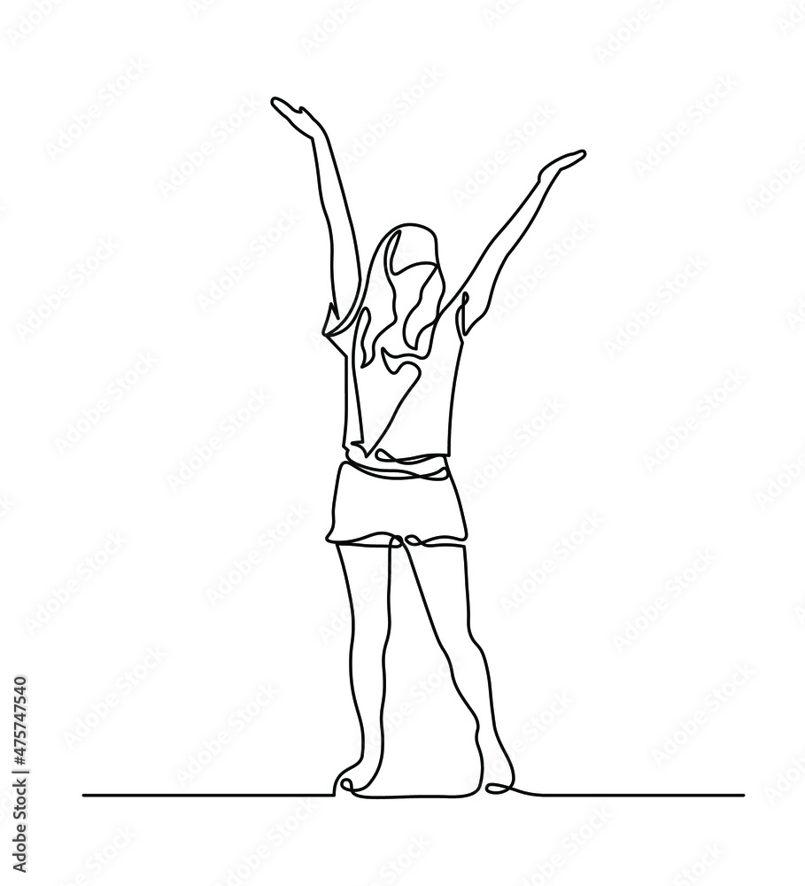 Beautiful woman standing with raised arms oneline art. Happy slim girl ...