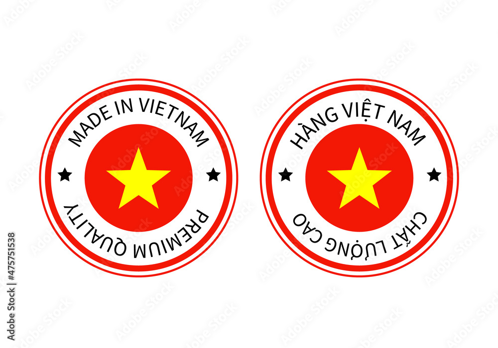 Made in Vietnam round labels in English and in Vietnamese languages ...