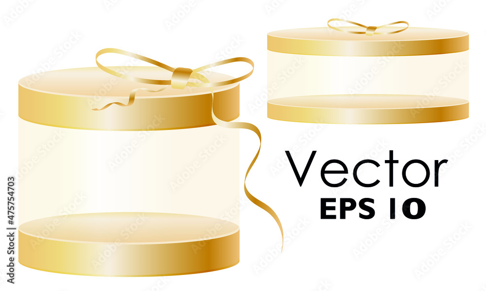 Round gold gift box with a bow and a transparent insert Stock Vector ...