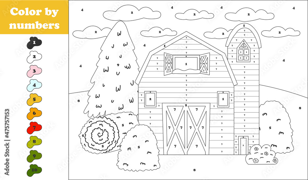 Color by numbers printable worksheet for kid for farming theme with ...