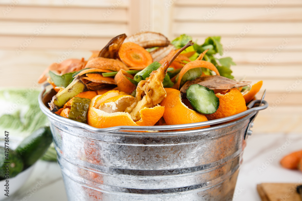 Sorting kitchen waste in compost-bucket on kitchen counter top. Compost ...
