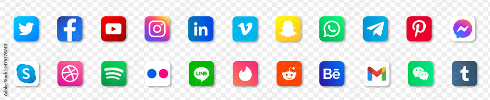 Social media logo icon. Facebook, Twitter, Instagram, youtube, snapchat ...