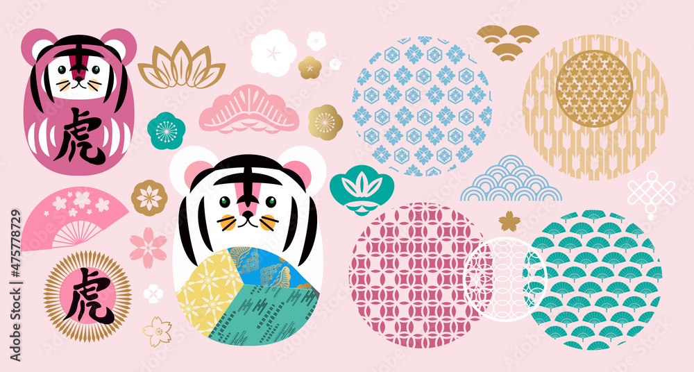 Happy japanese new 2022 year, year of the Tiger. Japanese characters ...