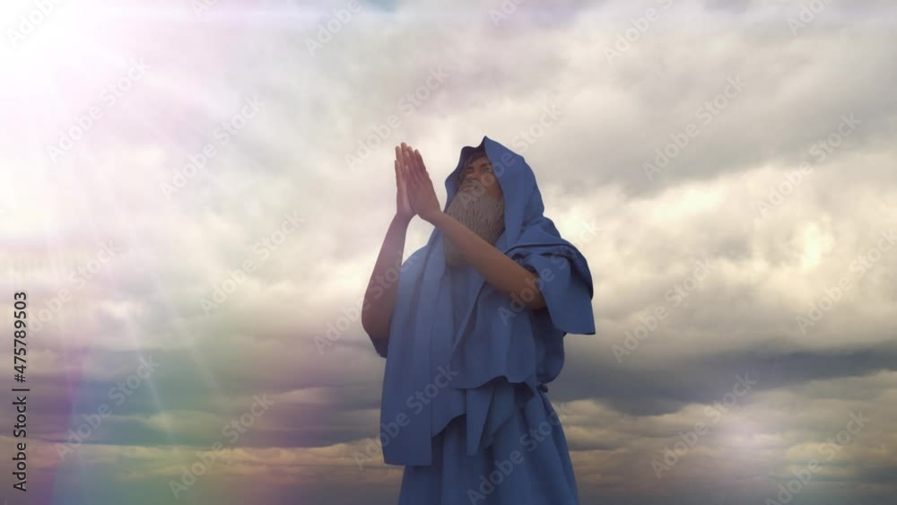 3d render of the patriarch Enoch praying to God, with light in the sky ...