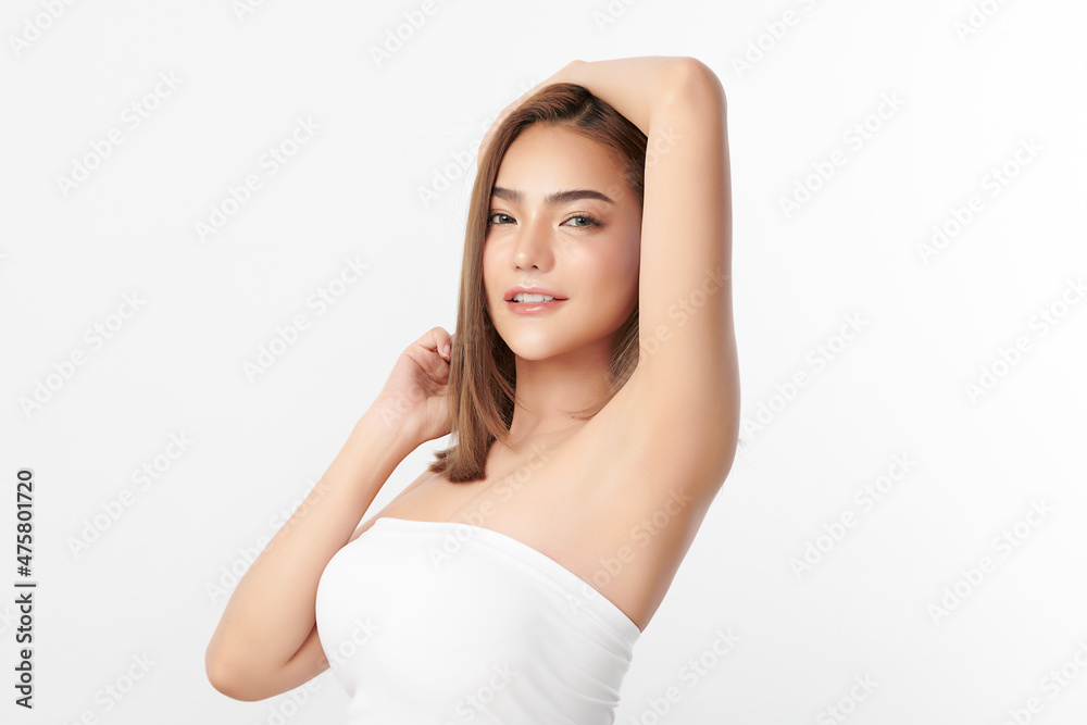 Beautiful Young Asian woman lifting hands up to show off clean and ...