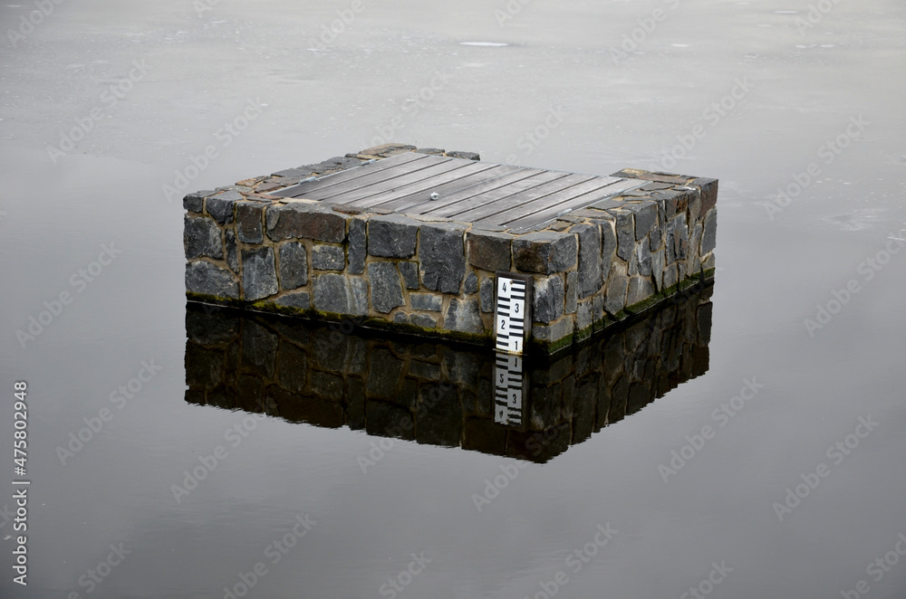 pond sluice, water reservoirs with regulation and concrete dam shaft ...