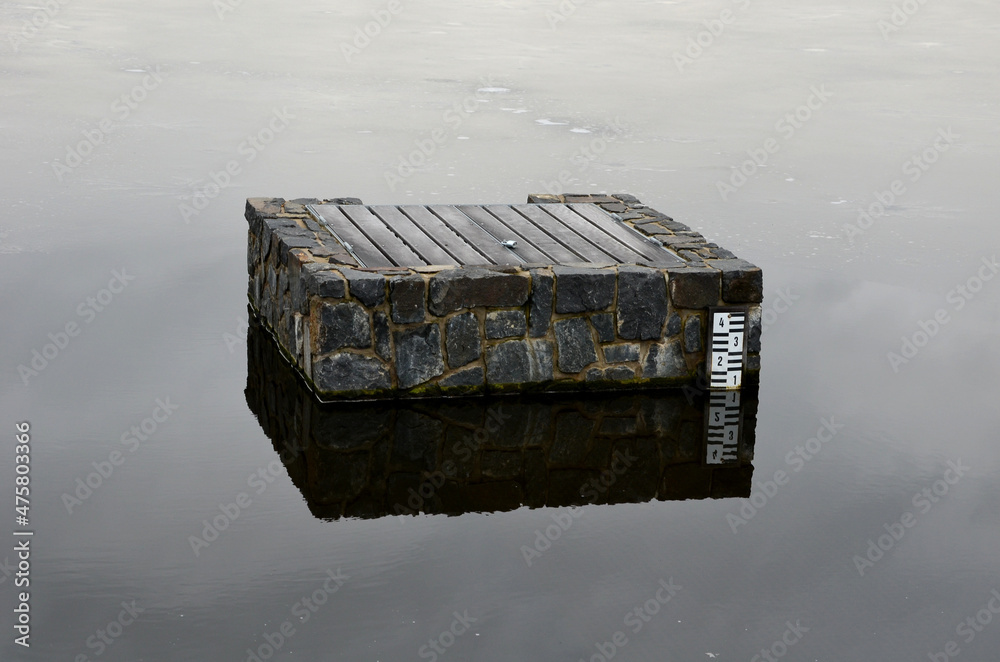 pond sluice, water reservoirs with regulation and concrete dam shaft ...