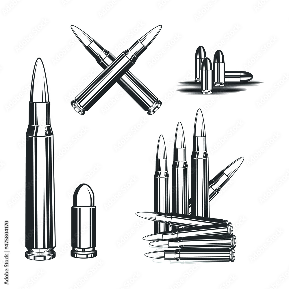 Vintage Monochrome Gun Bullate Hand Drawing Isolated Black And White ...