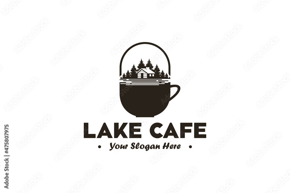 vintage lake view logo design with a cup of coffee, logo inspiration ...