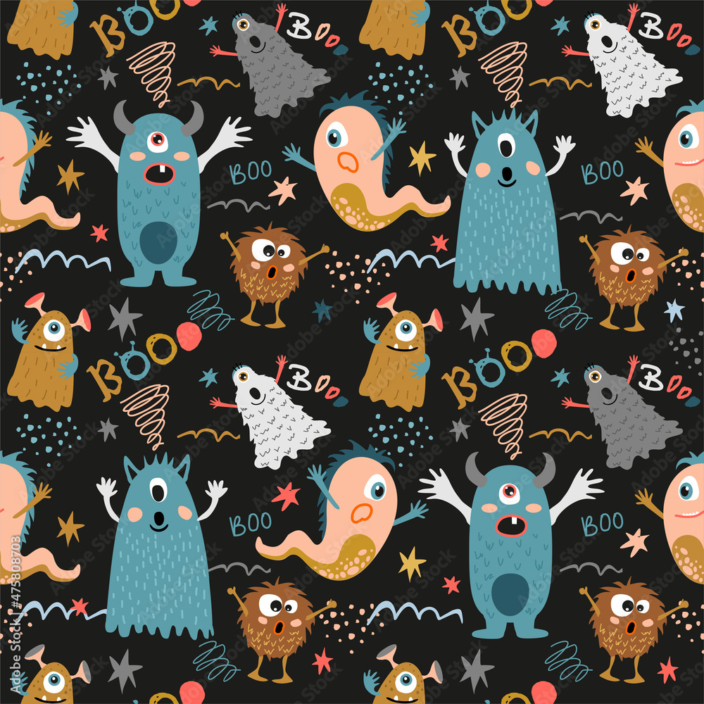 Seamless background with cute monsters. Seamless pattern with cute ...