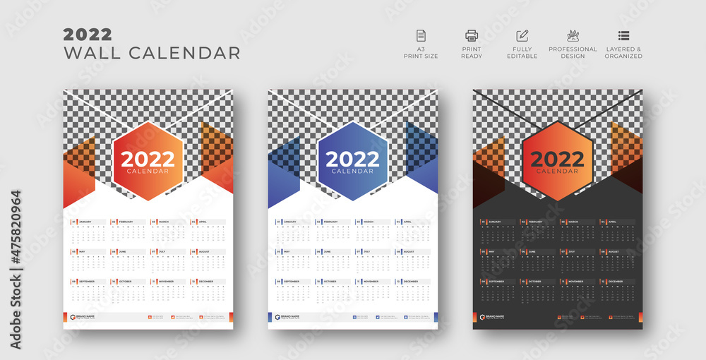 Year 2022 wall calendar design horizontal vector template, simple clean ...