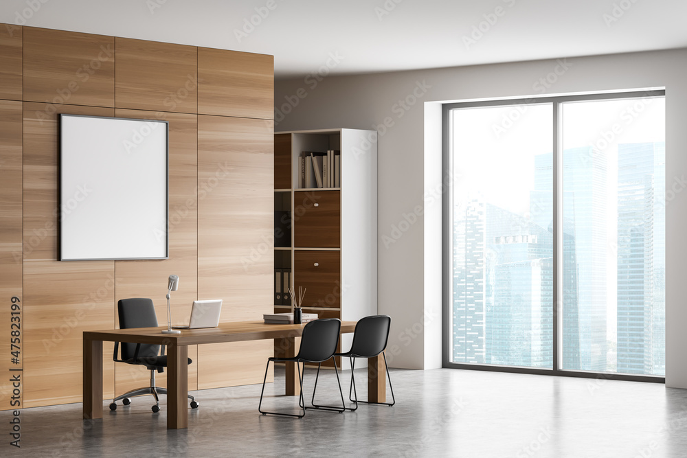 Business room interior with desk and seats, shelf and window. Mockup ...