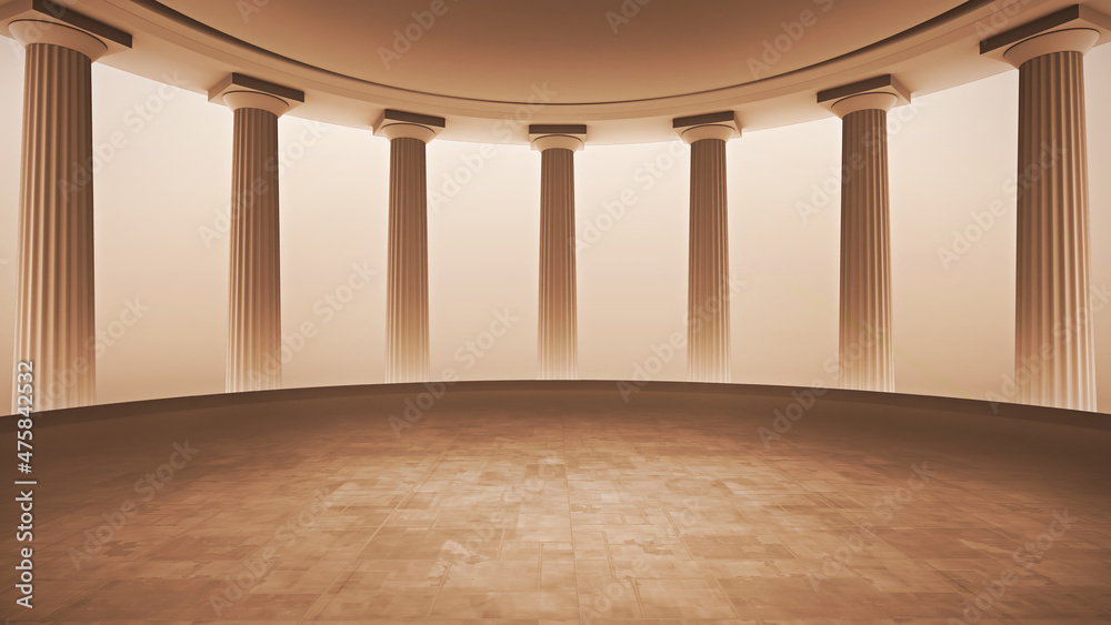 Front view of a minimal, ancient temple, virtual TV broadcast ...