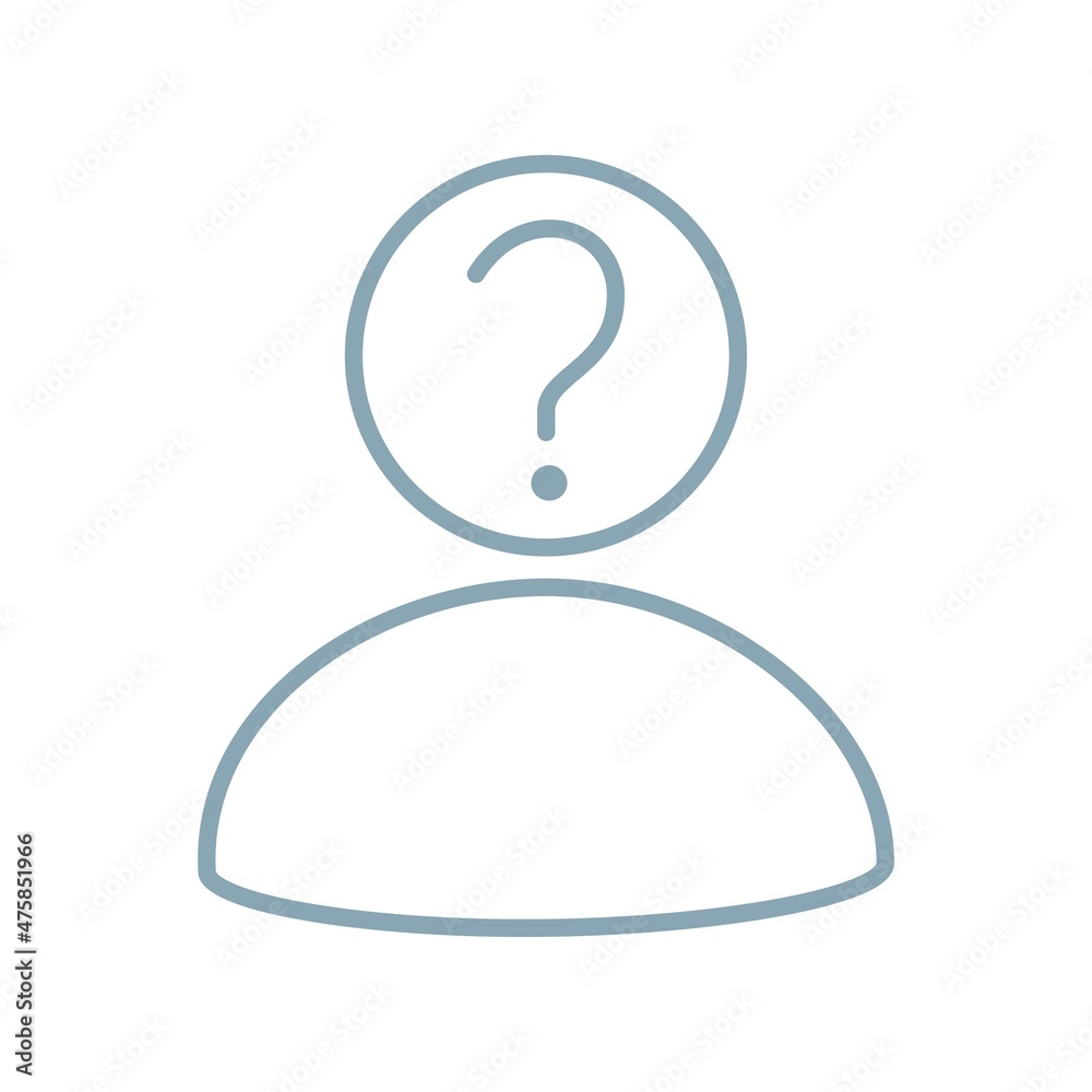 Simple outline gray-blue human silhouette icon with question mark in ...