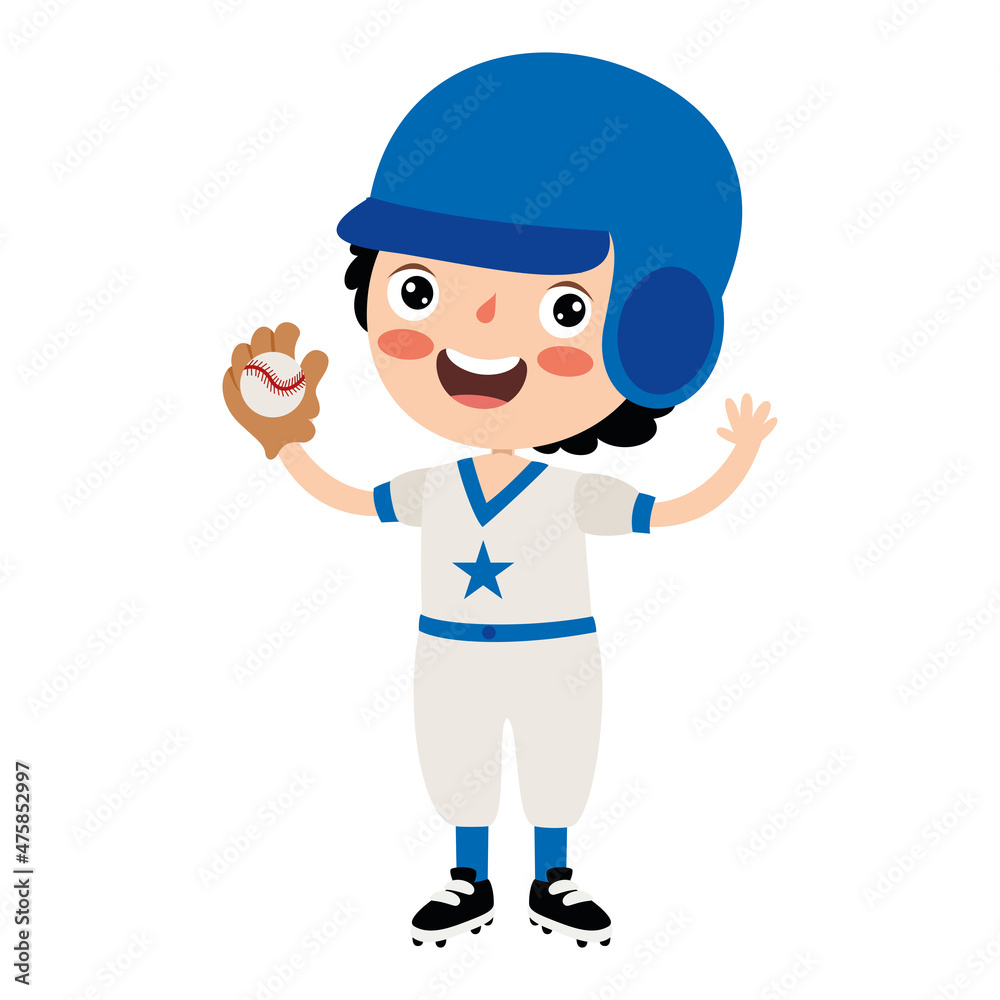 Cartoon Illustration Of A Kid Playing Baseball Stock Vector | Adobe Stock