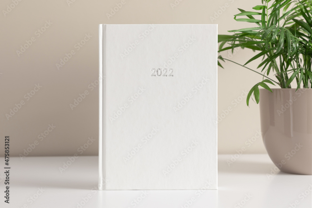White book mockup, diary for 2022 and green plant in pot on white table ...