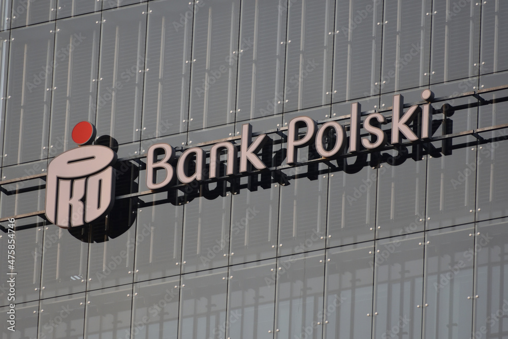 PKO Bank Polski logo, signage on the facade of the bank. Warsaw, Poland ...