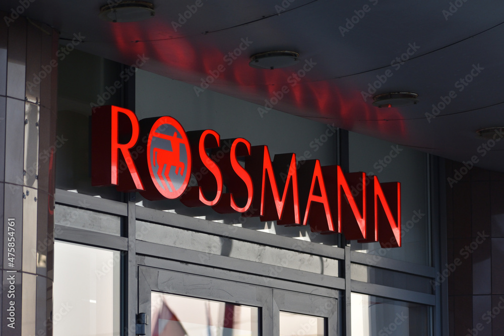 ROSSMANN signage, logo, emblem on the facade of drug store chain ...