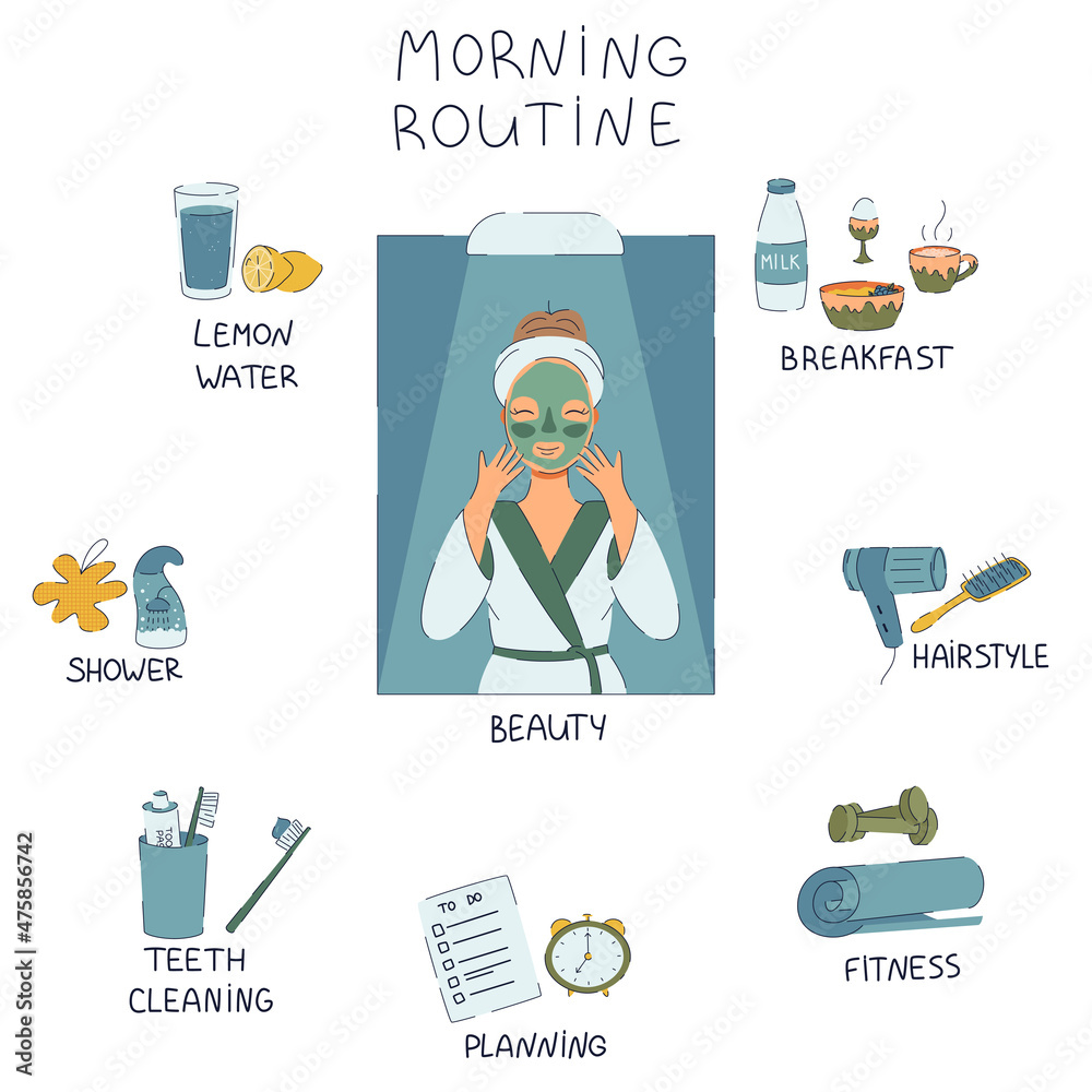 Cute beautiful girl with morning routine elements Stock Vector | Adobe ...