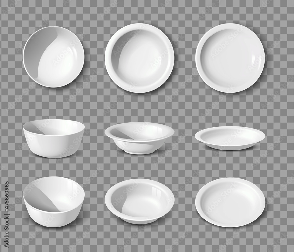 3d realistic vector collection. White porcelain set of dishes, plates ...