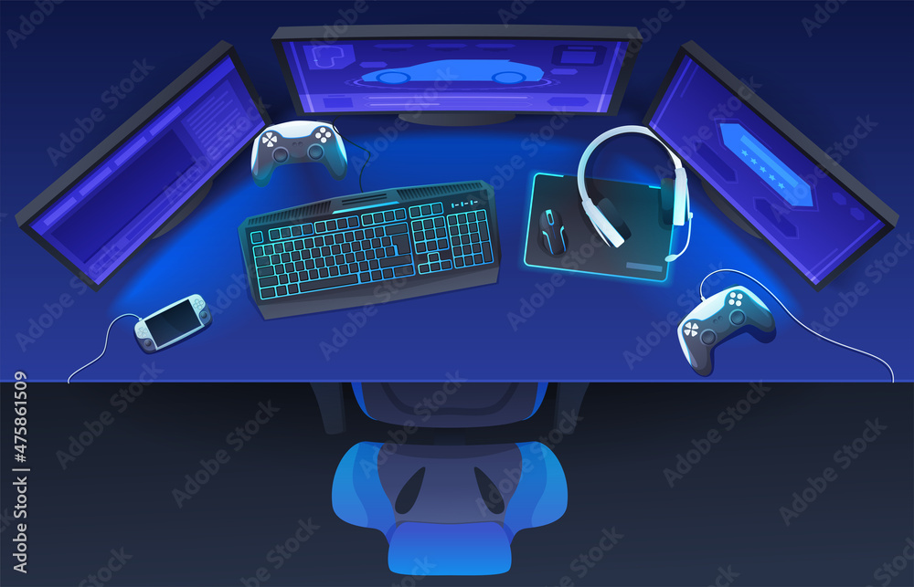 Dark neon gamer workspace vector isometric illustration. Top view ...