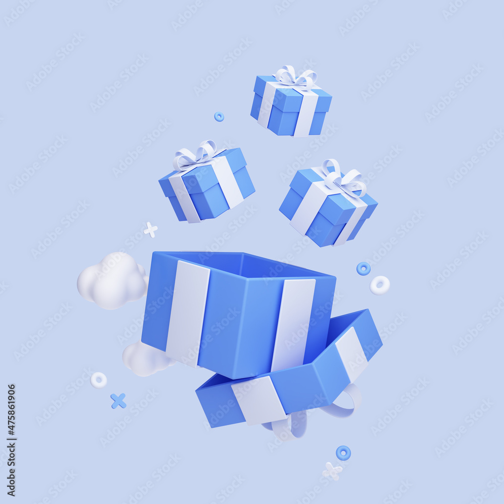 Blue open gift box with a bunch of presents. Birthday and holiday ...