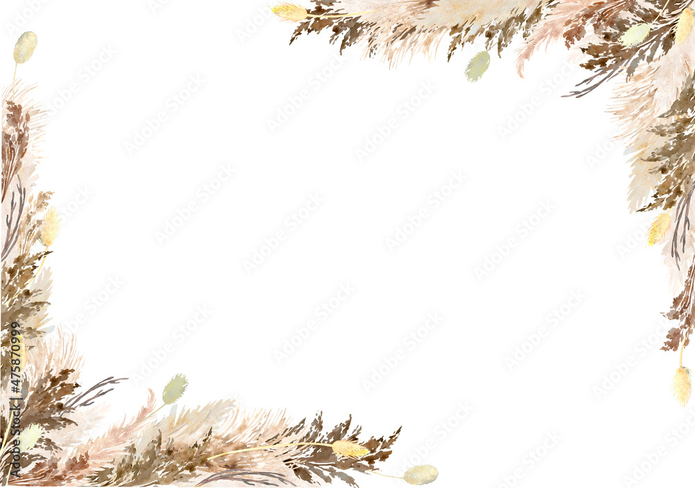 Pampas grass watercolor border. Hand painted boho floral neutral colors ...