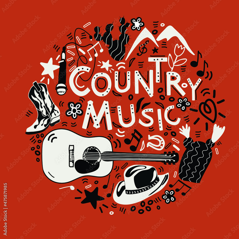 country music card with guitar and cowboy hat Stock Vector | Adobe Stock