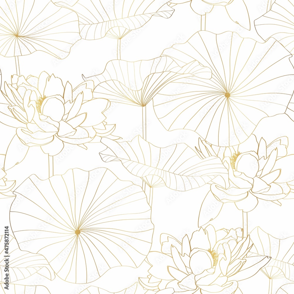 Luxury wallpaper design with Golden lotus with leaves. Lotus line arts ...