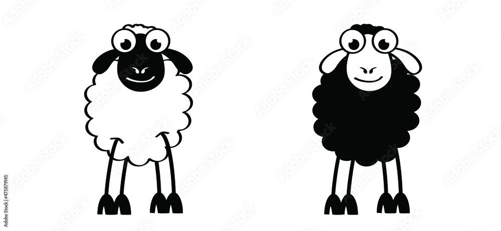 Cartoon, comic cute black and white sheep stickman. sheep icon. Drawing ...