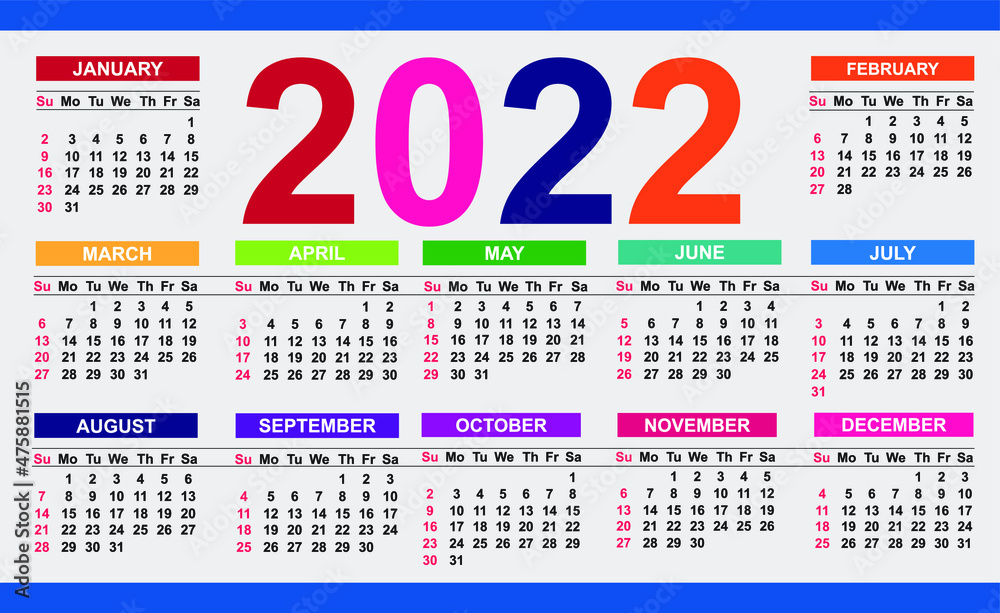 calendar 2022 one page landscape Stock Vector | Adobe Stock