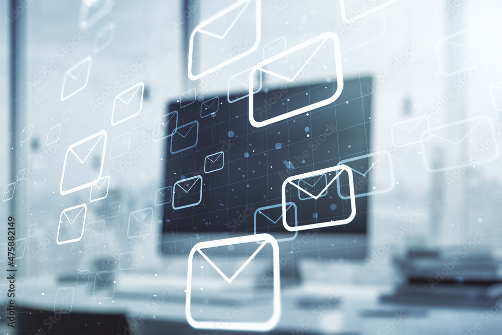 Creative abstract postal envelopes hologram on modern computer ...